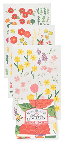 Now Designs Floursack Kitchen Towels Quick Dry Cotton Hand Towel Set, 3 Count, Flowers of The Month, 20 x 30 in