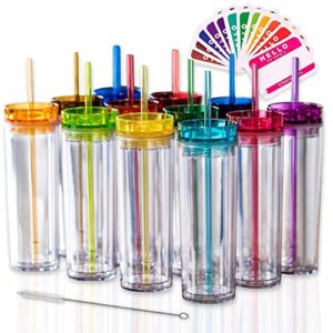 skinny tumblers 12 colored acrylic tumblers with lids and straws | skinny, 16oz double wall clear plastic tumblers with free straw cleaner & name tags! reusable cup with straw (multicolors, 12)