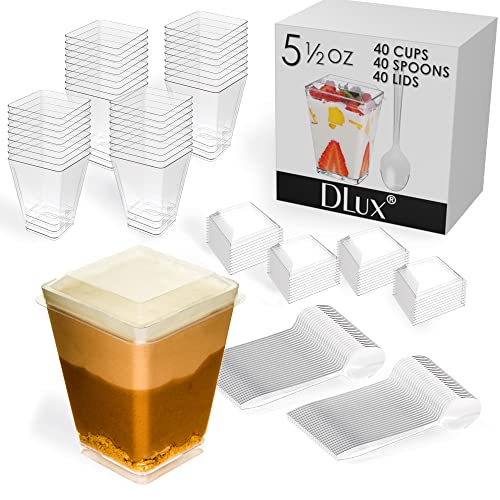 DLux 40 x 5 oz Mini Dessert Cups with Lids and Spoons, Square Large - Clear Plastic Parfait Appetizer Cup - Small Reusable Serving Bowl for Tasting Party Desserts Appetizers - Recipe Ebook