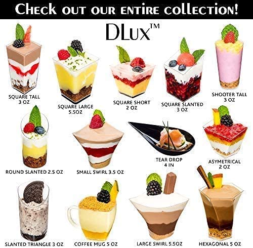 DLux 40 x 5 oz Mini Dessert Cups with Lids and Spoons, Square Large - Clear Plastic Parfait Appetizer Cup - Small Reusable Serving Bowl for Tasting Party Desserts Appetizers - Recipe Ebook