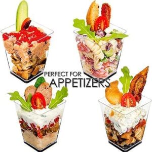 DLux 40 x 5 oz Mini Dessert Cups with Lids and Spoons, Square Large - Clear Plastic Parfait Appetizer Cup - Small Reusable Serving Bowl for Tasting Party Desserts Appetizers - Recipe Ebook