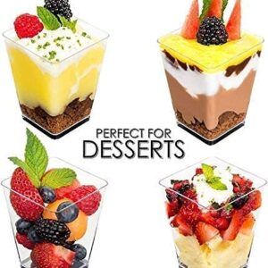 DLux 40 x 5 oz Mini Dessert Cups with Lids and Spoons, Square Large - Clear Plastic Parfait Appetizer Cup - Small Reusable Serving Bowl for Tasting Party Desserts Appetizers - Recipe Ebook