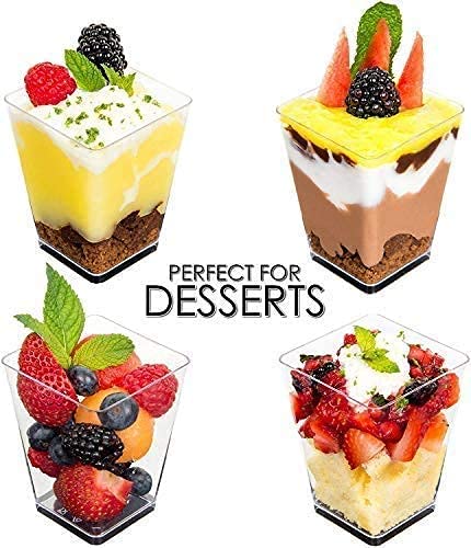 DLux 40 x 5 oz Mini Dessert Cups with Lids and Spoons, Square Large - Clear Plastic Parfait Appetizer Cup - Small Reusable Serving Bowl for Tasting Party Desserts Appetizers - Recipe Ebook