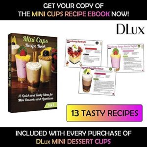 DLux 40 x 5 oz Mini Dessert Cups with Lids and Spoons, Square Large - Clear Plastic Parfait Appetizer Cup - Small Reusable Serving Bowl for Tasting Party Desserts Appetizers - Recipe Ebook