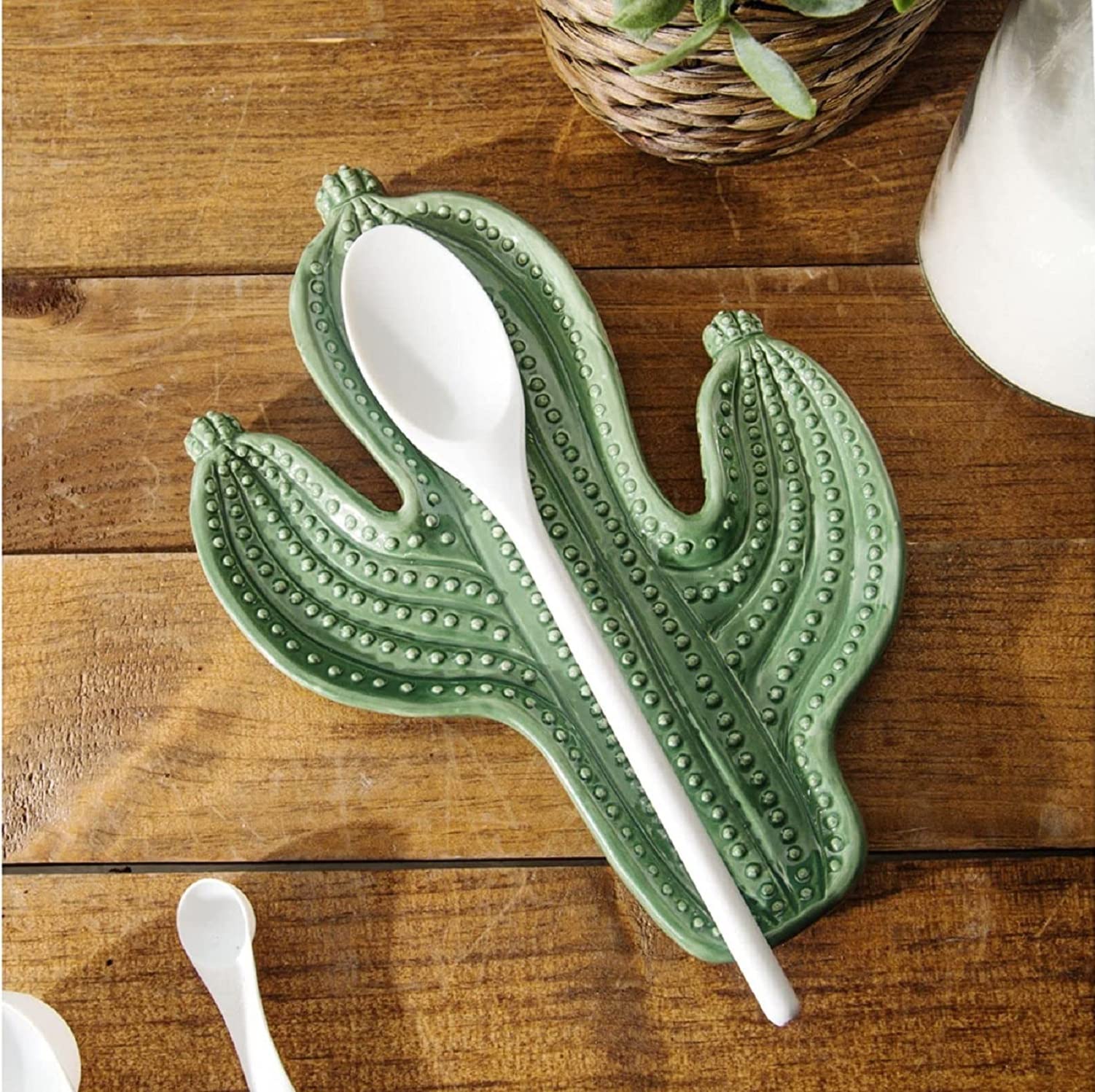 Green Cactus Shape Spoon Rest, By Glaver's - Kitchen Utensil, Ceramic Spoon Rest Rustic Farmhouse Design - For Stove Top and Kitchen Counter. Dishwasher Safe.