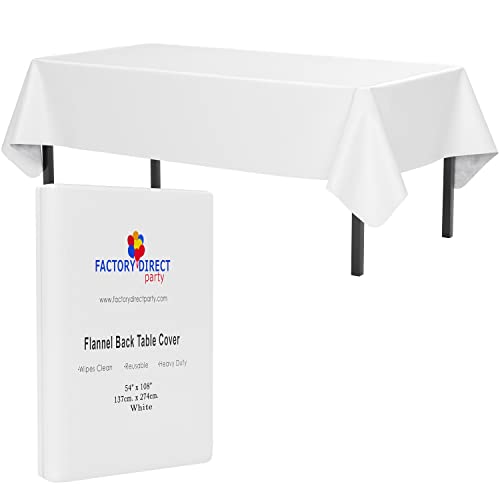 White Vinyl Tablecloths - 54 In. x 108 In. - Pack Of 1 Rectangle Tablecloth - White Flannel Backed Vinyl Tablecloths For Rectangle Tables - Plastic Table Cloths With Flannel Backing - Waterproof