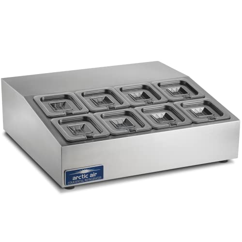 Arctic Air ACP8SQ 27.5" Compact Refrigerated Countertop Prep Unit with 8 1/6 Stainless Pans and Covers, Silver, 115v