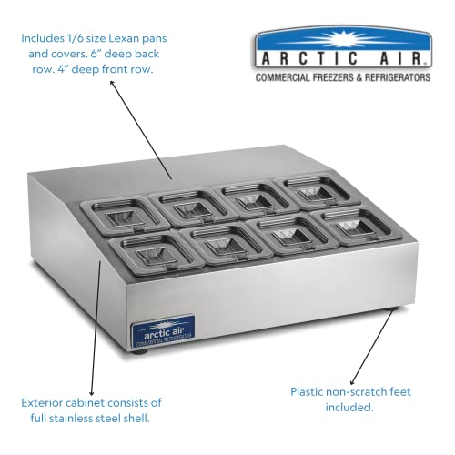 Arctic Air ACP8SQ 27.5" Compact Refrigerated Countertop Prep Unit with 8 1/6 Stainless Pans and Covers, Silver, 115v