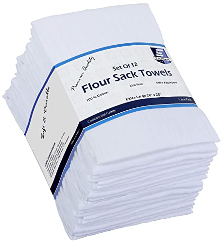 Flour Sack Kitchen Towels (White,12 Pack) 100% Cotton,28x28 Inch Cloth Napkin, Bread wrapper, Cheesecloth, Multi Purpose Kitchen Dish Towels,Bar Towels, Extremely Absorbent & Sturdy By Excellent Deals