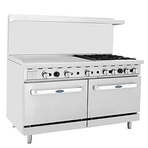 CookRite Commercial Natural Gas Range 4 Burner Hotplates With 36 Manual Griddle 2 Standard Ovens 60'' Restaurant Range - 229,000 BTU