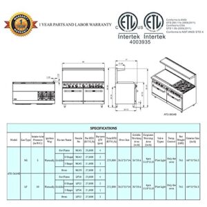 CookRite Commercial Natural Gas Range 4 Burner Hotplates With 36 Manual Griddle 2 Standard Ovens 60'' Restaurant Range - 229,000 BTU