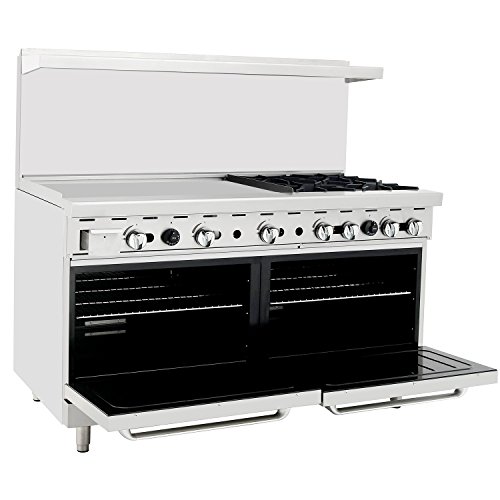 CookRite Commercial Natural Gas Range 4 Burner Hotplates With 36 Manual Griddle 2 Standard Ovens 60'' Restaurant Range - 229,000 BTU