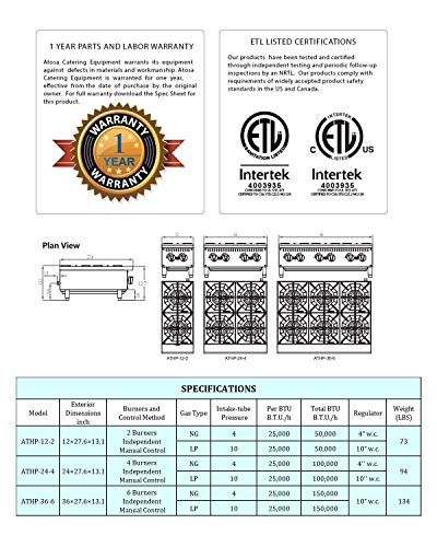 24” Freestanding Commercial Gas Cook Stove Range with 4 Burners, Cook Rite Stainless Steel Gas Hot Plate Burner- 100000 BTU