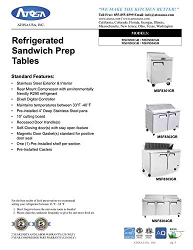 AtosaUSA MSF8304GR 72.70'' 3 Door Counter Height Refrigerated Sandwich/Salad Prep Table with Standard Top