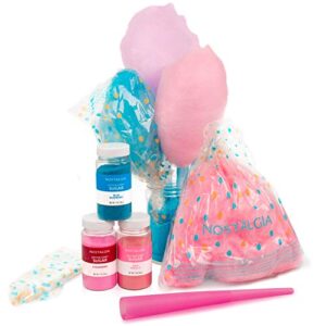 nostalgia cotton candy party kit, 3 flavors, 4 reusable cones, 10 floss bags