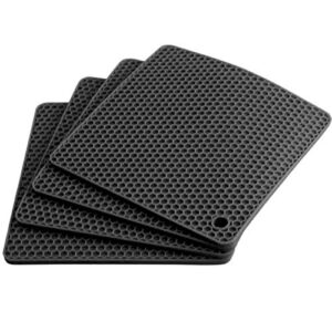 silicone trivets mats, silicone hot mats set, silicone hot pads, silicone pot mat for countertop, trivet pads heat resistant, table placemats, square small drying mats, 4 pack, black trivets