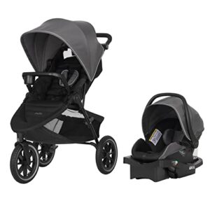 evenflo folio3 stroll & jog travel system w/litemax 35 infant car seat, crossover versatility, ultra-compact, self-standing folding design, 12” air-filled tires, front wheel swivel lock, avenue gray