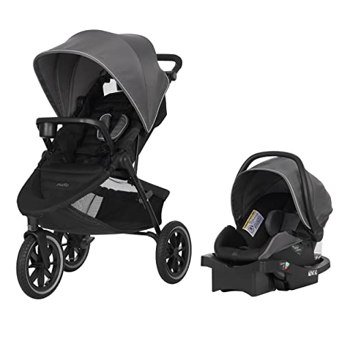 Evenflo Folio3 Stroll & Jog Travel System w/LiteMax 35 Infant Car Seat, Crossover Versatility, Ultra-Compact, Self-Standing Folding Design, 12” Air-Filled Tires, Front Wheel Swivel Lock, Avenue Gray