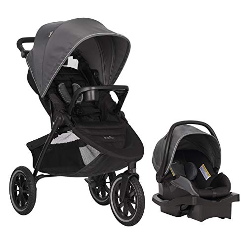 Evenflo Folio3 Stroll & Jog Travel System w/LiteMax 35 Infant Car Seat, Crossover Versatility, Ultra-Compact, Self-Standing Folding Design, 12” Air-Filled Tires, Front Wheel Swivel Lock, Avenue Gray