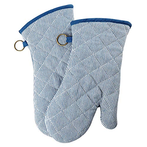 1 Pair Yarn Dyed Oven Mitts 100% Cotton Heat Resistant 470 Degree Gloves Men Women Cooking Baking Barbecue BBQ Microwave Crafting Machine Washable Pot Holders Mittens (blue2)