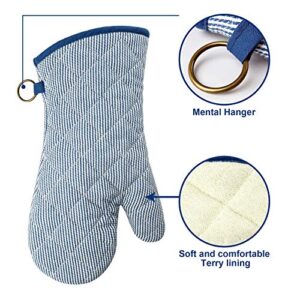 1 Pair Yarn Dyed Oven Mitts 100% Cotton Heat Resistant 470 Degree Gloves Men Women Cooking Baking Barbecue BBQ Microwave Crafting Machine Washable Pot Holders Mittens (blue2)