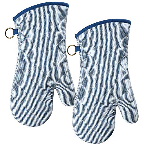 1 Pair Yarn Dyed Oven Mitts 100% Cotton Heat Resistant 470 Degree Gloves Men Women Cooking Baking Barbecue BBQ Microwave Crafting Machine Washable Pot Holders Mittens (blue2)