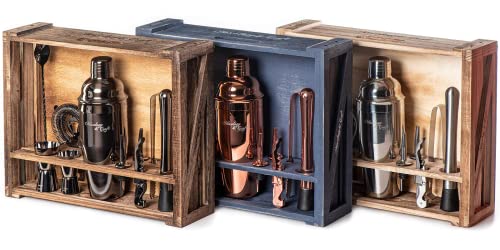 Mixology Bartender Kit: 11-Piece Bar Tool Set with Rustic Wood Stand | Perfect Home Bartending Kit and Cocktail Shaker Set for a True Drink Mixing Experience | Fun Housewarming Gift Idea (Silver)