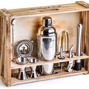 Mixology Bartender Kit: 11-Piece Bar Tool Set with Rustic Wood Stand | Perfect Home Bartending Kit and Cocktail Shaker Set for a True Drink Mixing Experience | Fun Housewarming Gift Idea (Silver)