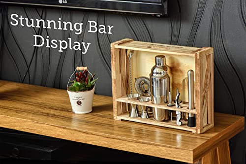 Mixology Bartender Kit: 11-Piece Bar Tool Set with Rustic Wood Stand | Perfect Home Bartending Kit and Cocktail Shaker Set for a True Drink Mixing Experience | Fun Housewarming Gift Idea (Silver)