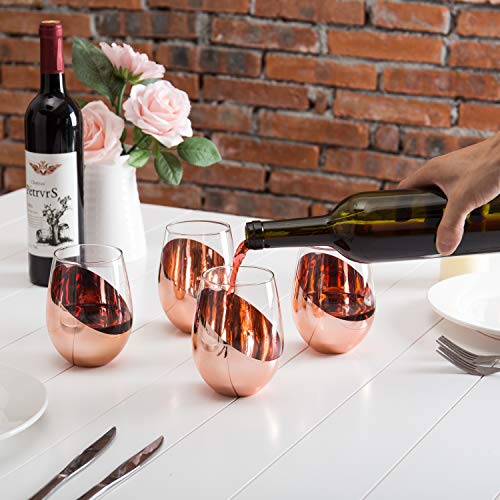 MyGift Modern Copper Accent Stemless Wine Glass Set, Red Wine Glasses Set of 4