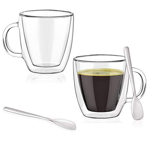 Dewstone Espresso Cups with Espresso Paddles (SET OF 2). Fits ALL Nespresso Machines. 5.4 oz Espresso Glasses. Insulated Double Wall Thermo Mugs, 2PACK