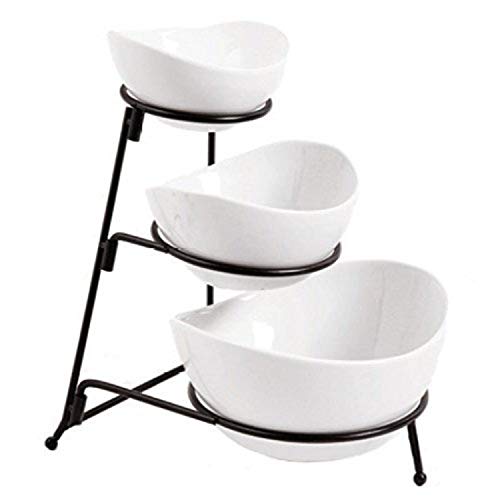 Partito Bella 3 Tier White Oval Bowl Set with Collapsible Thicker Metal Rack - Perfect Display for Chips, Dips, Candy, Fruit and More Collapsible Stand with Nesting Bowls for Easy Storage