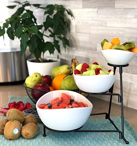 Partito Bella 3 Tier White Oval Bowl Set with Collapsible Thicker Metal Rack - Perfect Display for Chips, Dips, Candy, Fruit and More Collapsible Stand with Nesting Bowls for Easy Storage