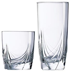 luminarc 16 piece ascot tumbler set, 8-16.5 ounce coolers & 8-13 ounce double old fashioned glasses, mixed, clear