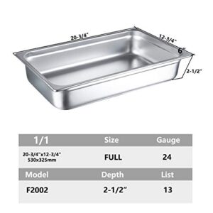 2 1/2" Deep Steam Table Pan Full Size, 8.3 Quart Stainless Steel Anti-Jam Standard Weight Hotel GN Food Pans - NSF (20.87"L x 12.8"W)