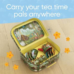 Hearthsong 15-Piece Woodland-Themed Tin Tea Set, Serves 4, 11½”L x 3½”W x 7¾”H Carrying Suitcase, Woodland Themed, Ages 3 and Up