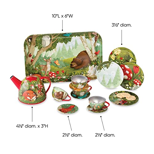 Hearthsong 15-Piece Woodland-Themed Tin Tea Set, Serves 4, 11½”L x 3½”W x 7¾”H Carrying Suitcase, Woodland Themed, Ages 3 and Up