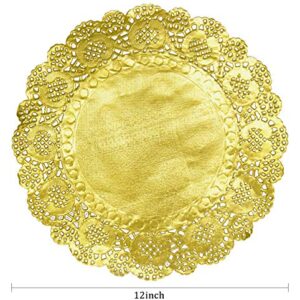 Amkoskr 100 Pcs 12 Inch Round Lace Gold Paper Doilies Gold Foil Paper Placemats Doily Paper Pad for Cakes Crafts Party Weddings Tableware Decor