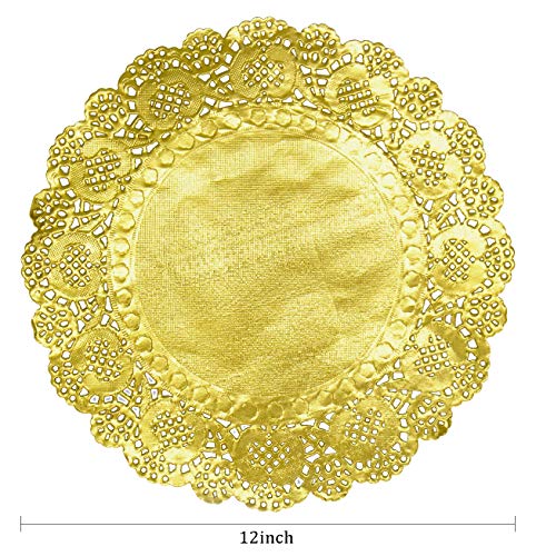 Amkoskr 100 Pcs 12 Inch Round Lace Gold Paper Doilies Gold Foil Paper Placemats Doily Paper Pad for Cakes Crafts Party Weddings Tableware Decor