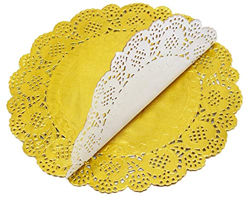 Amkoskr 100 Pcs 12 Inch Round Lace Gold Paper Doilies Gold Foil Paper Placemats Doily Paper Pad for Cakes Crafts Party Weddings Tableware Decor