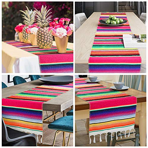 Fowecelt Mexican Serape Table Runner 14 x 84 Inch for Mexican Party Wedding Decorations Outdoor Picnics Dining Table, Fringe Cotton Table Runners