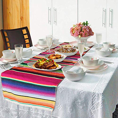 Fowecelt Mexican Serape Table Runner 14 x 84 Inch for Mexican Party Wedding Decorations Outdoor Picnics Dining Table, Fringe Cotton Table Runners