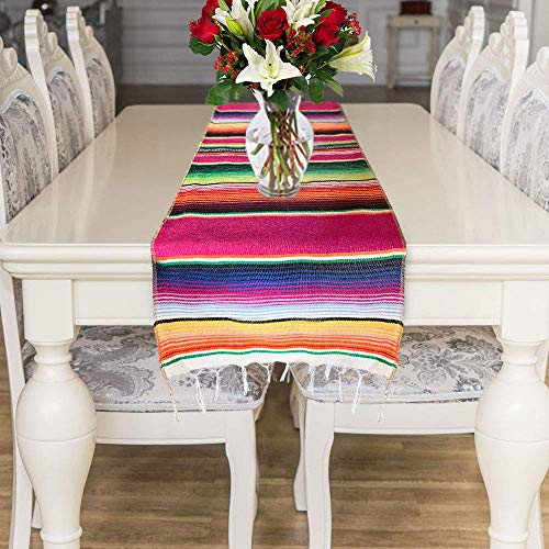 Fowecelt Mexican Serape Table Runner 14 x 84 Inch for Mexican Party Wedding Decorations Outdoor Picnics Dining Table, Fringe Cotton Table Runners