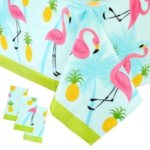 juvale 3-pack flamingo tablecloth for pineapple birthday decorations, plastic table cover for tropical hawaiian and flamingo party supplies, summer pool party (54x108 inches)