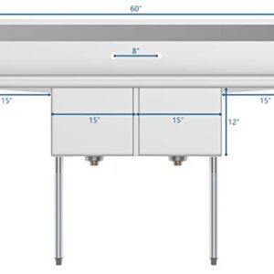 KoolMore 2 Compartment Stainless Steel NSF Commercial Kitchen Prep & Utility Sink with 2 Drainboards - Bowl Size 15" x 15" x 12", Silver,SB151512-15B3