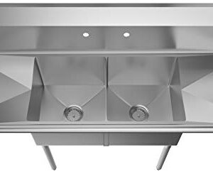 KoolMore 2 Compartment Stainless Steel NSF Commercial Kitchen Prep & Utility Sink with 2 Drainboards - Bowl Size 15" x 15" x 12", Silver,SB151512-15B3