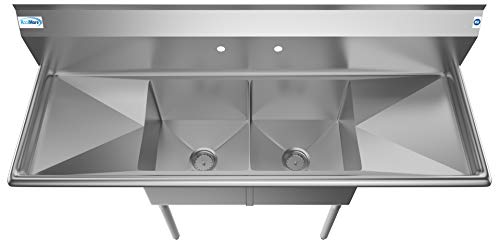 KoolMore 2 Compartment Stainless Steel NSF Commercial Kitchen Prep & Utility Sink with 2 Drainboards - Bowl Size 15" x 15" x 12", Silver,SB151512-15B3