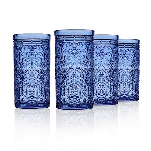 Godinger Highball Drinking Glasses, Tall Glass Cups Vintage Design - Jax Collection, Blue, Set of 4