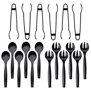 disposable plastic serving utensils set - 18 pack for parties and events - heavy duty plastic - black 10" spoons, forks, and 6" tongs - perfect for serving - great value