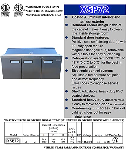 Commercial Refrigerated Sandwich Prep Table 3-door 72" Salad Stainless Steel Refrigerator for Restaurant Kitchen 70" W x 30"D x 42"H inch 33℉-41℉-XSP72